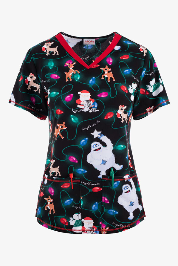 Tooniforms Bright Spirits Rudolph and Santa Women's 2-Pocket STRETCH V ...