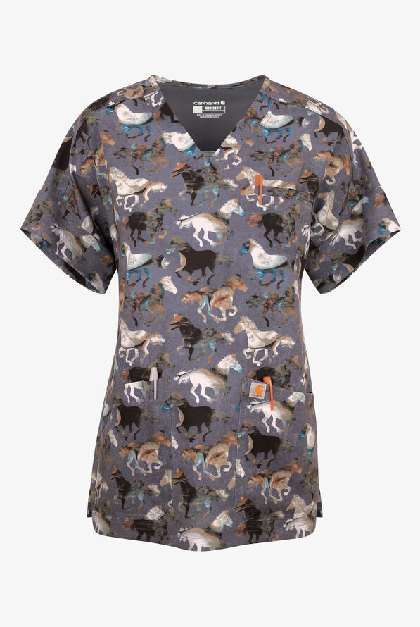 Carhartt Filly Trot Pewter Horses Women's 4-Pocket STRETCH V-Neck Print ...