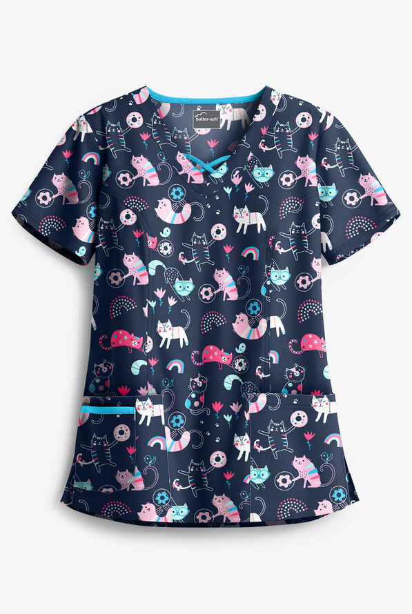 Butter-Soft Cheerful Kittens Navy Criss Cross Scrub Top, Animal Scrubs