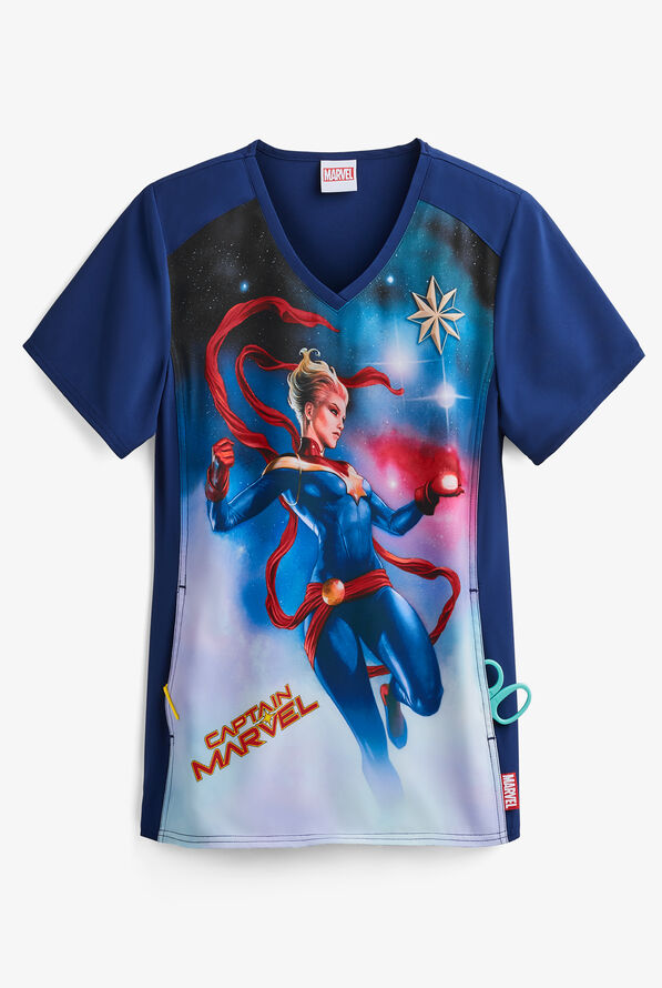Tooniforms Marvel Captain Marvel Print Scrub Top, Disney Scrubs