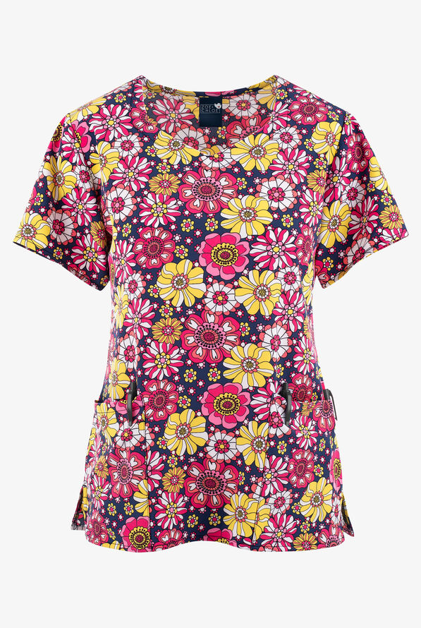 Zoe & Chloe Groovy Floral 2-Pocket Diamond-Neck Top, Floral Scrubs