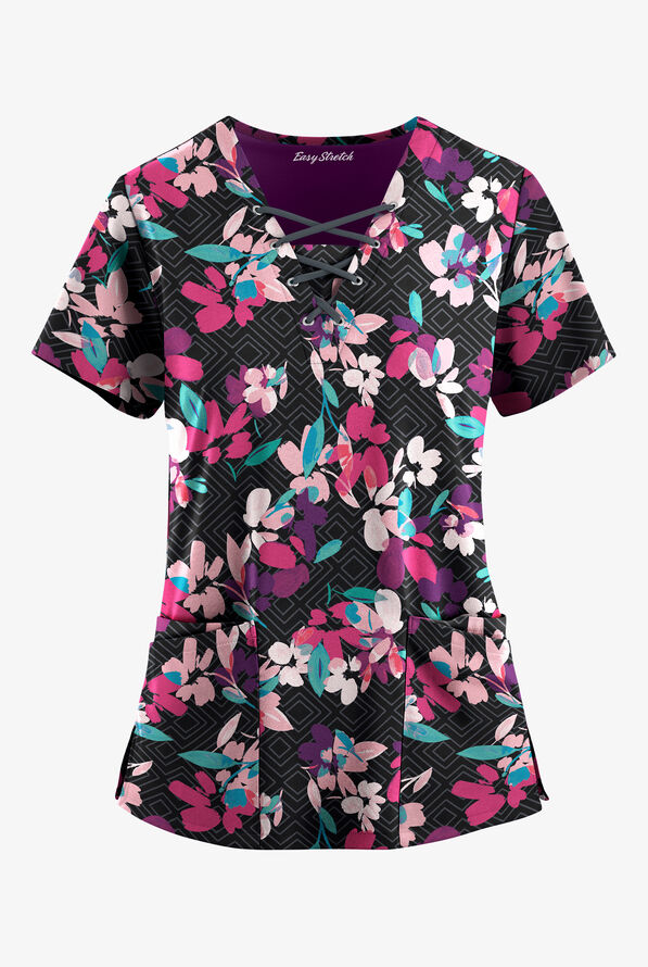 Easy STRETCH Kyoto Flower Onyx Black Printed Women's 4-Pocket Lace-Up ...