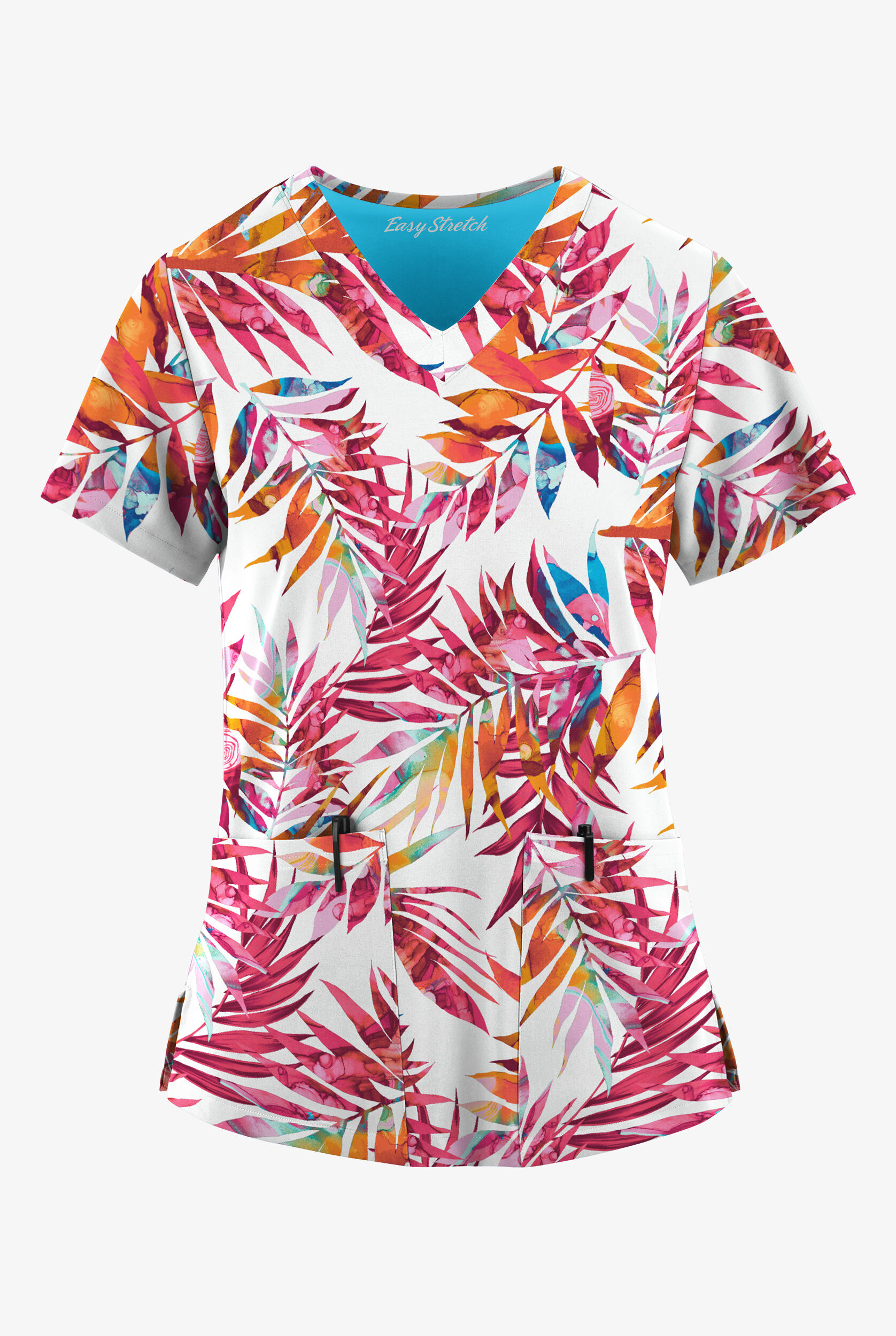 Easy STRETCH Palms Tropical White Printed Women's 2-Pocket V-Neck Scrub ...