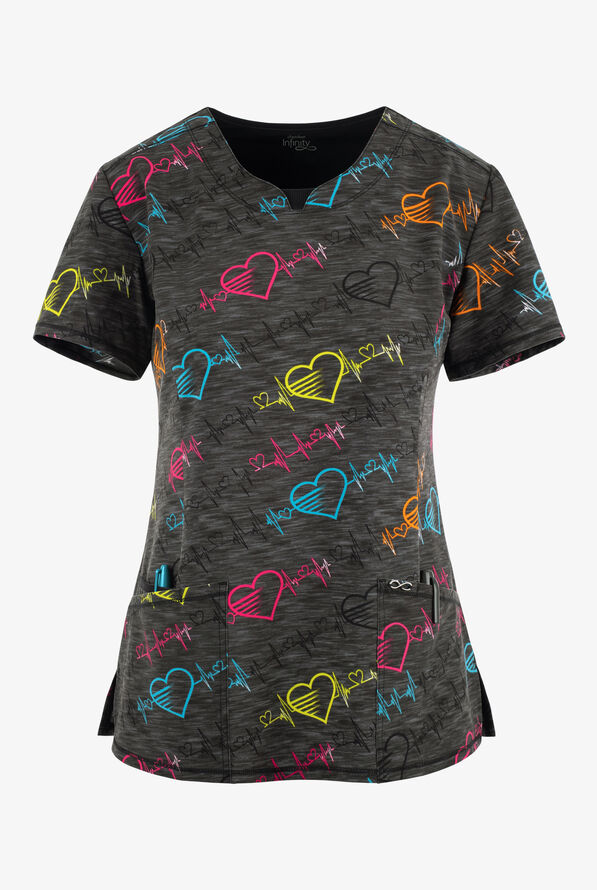 Cherokee Infinity Pop Beats EKG Hearts Women's 3-Pocket STRETCH V-Neck ...