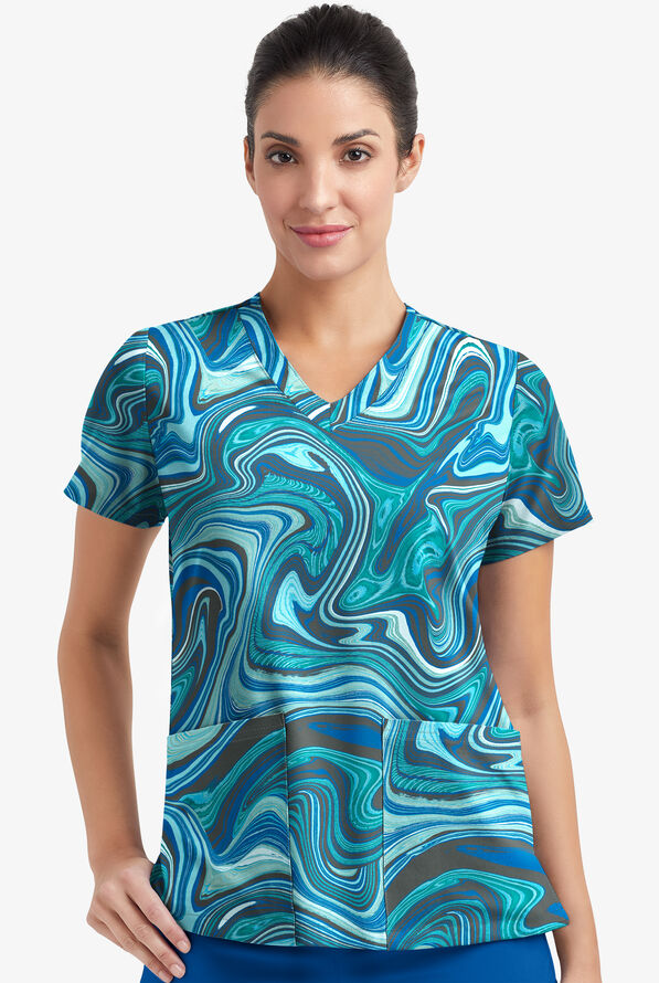 Easy STRETCH Marble Art Teal Women's 2-Pocket V-Neck Scrub Top, Stretch ...