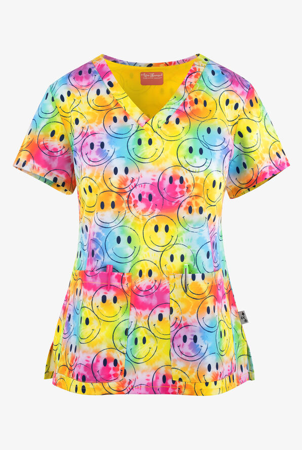 Zavate Ava Therese Smiley Days Tie Dye Women's 2-Pocket STRETCH V-Neck ...