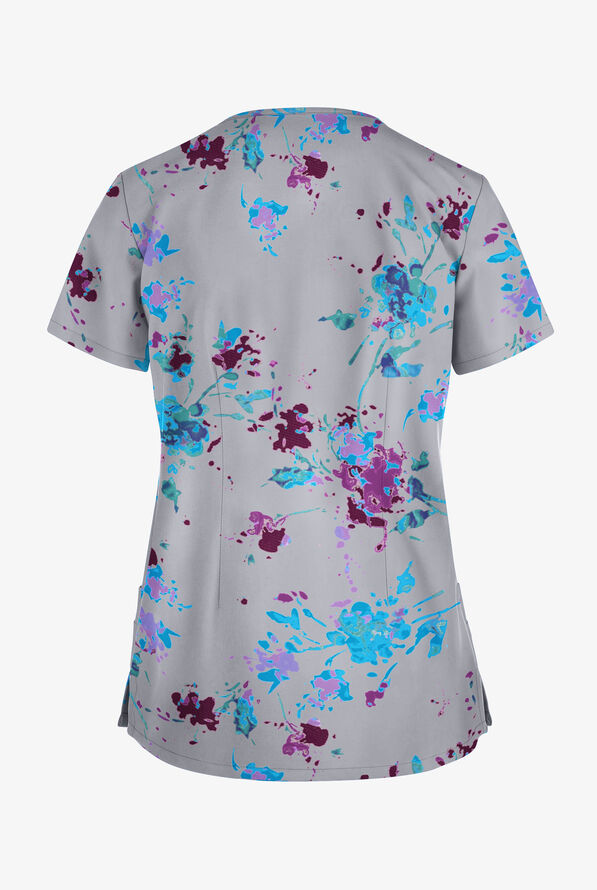 Butter-Soft Floral Splash Silver V-Neck Print Scrub Top, Print Scrubs