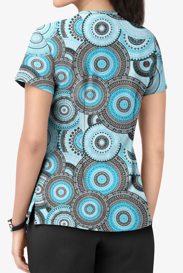 Easy STRETCH Mandala Rhodes Blue Print Scrub Top, Fashion Scrubs