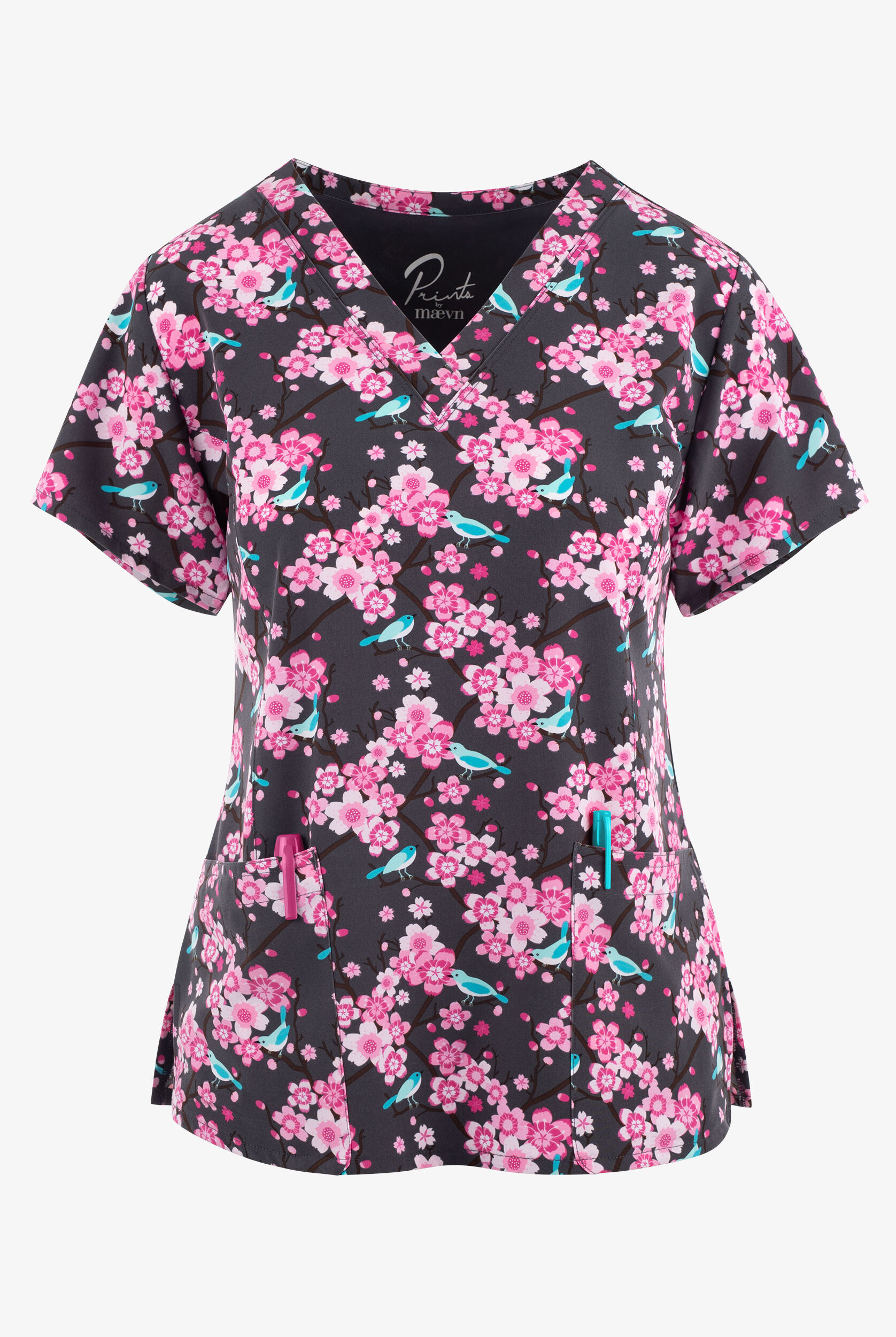 Maevn Spring Blossom Floral Women's 3-Pocket V-Neck Print Scrub Top ...