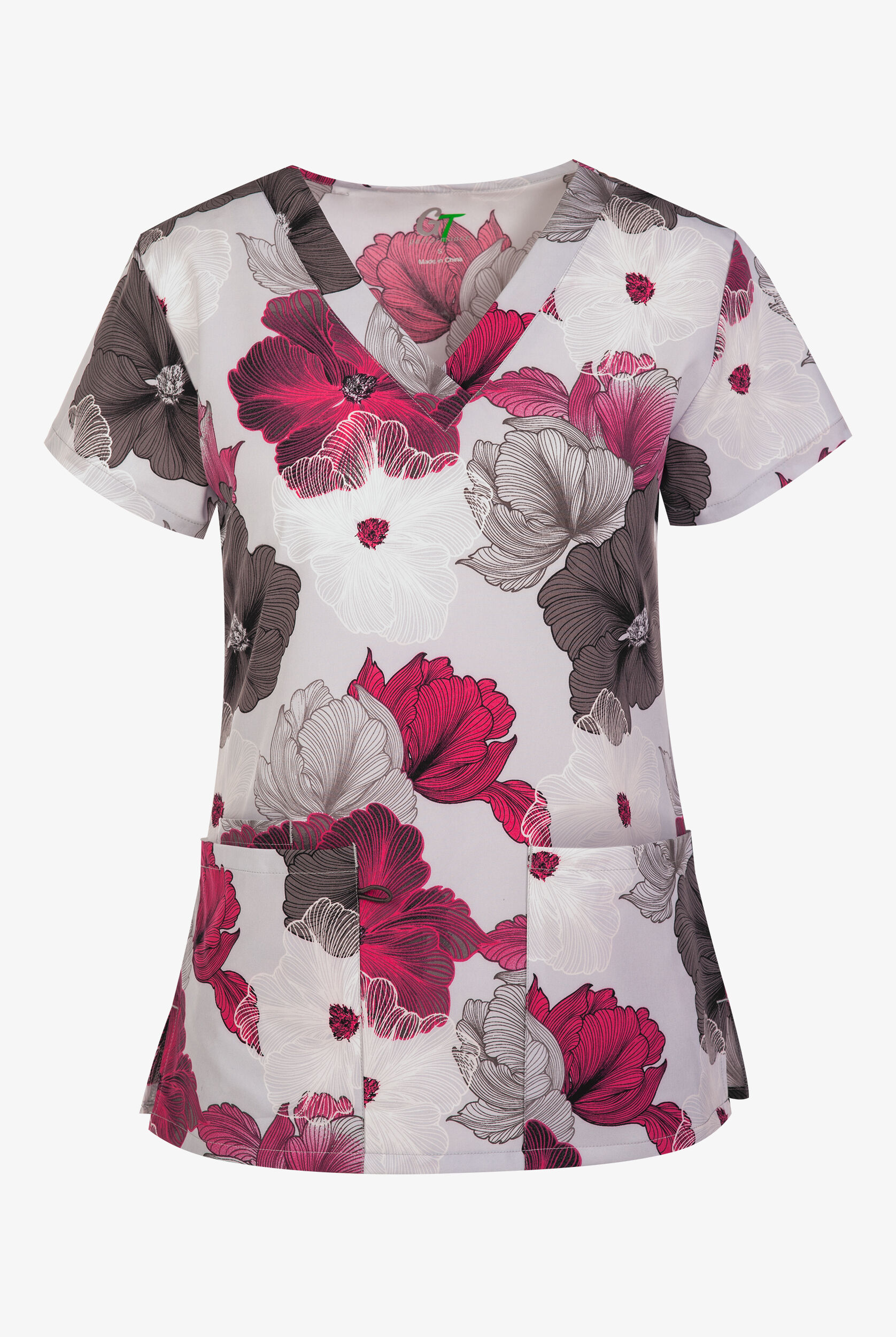 Green Town Pink Lined Floral V-Neck Print Scrub Top, Floral Scrubs