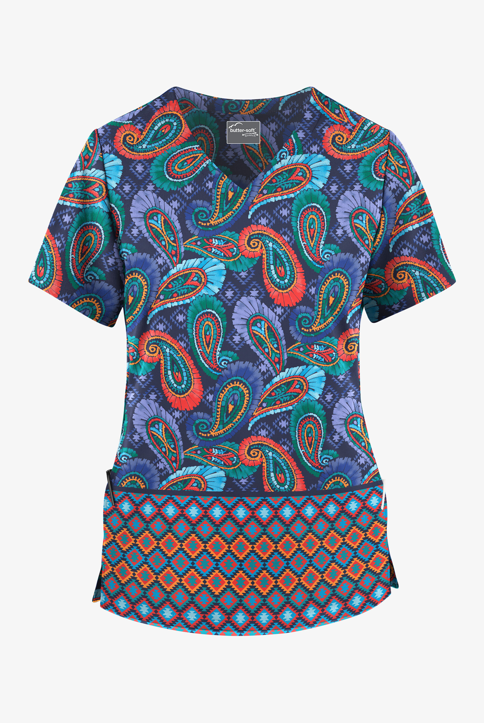 UA Butter-Soft STRETCH Paisley Delight Women's 2-Pocket V-Neck Printed ...