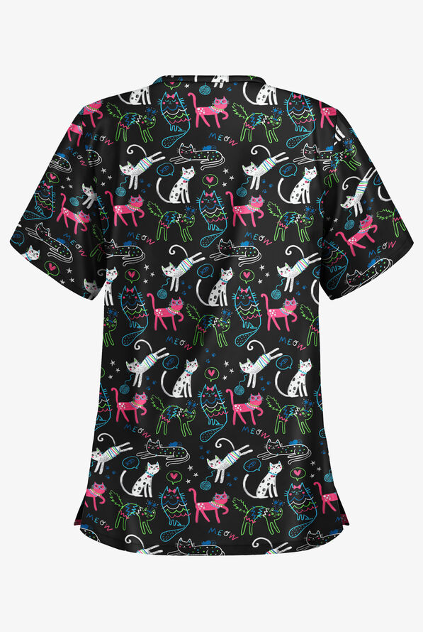 UA Butter-soft Playful Cats Black Printed Women's 2-Pocket V-Neck Scrub ...