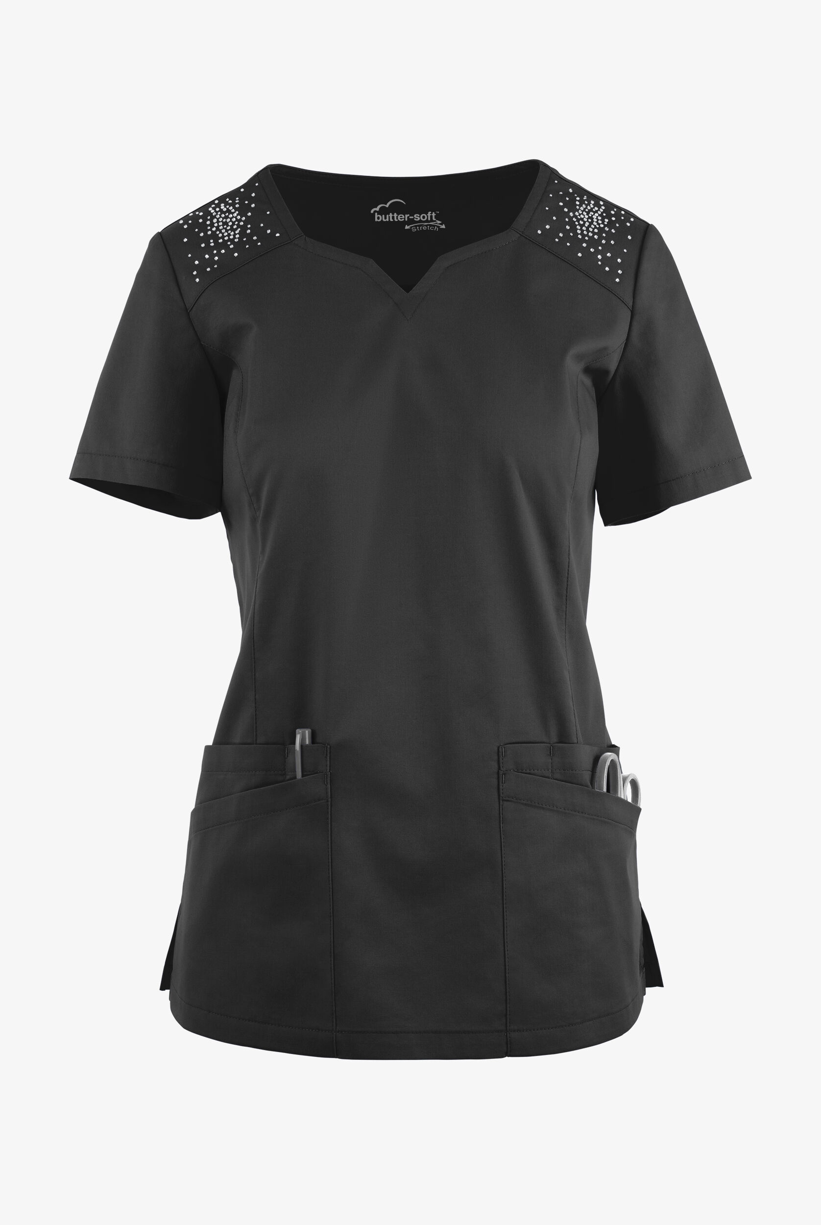 UA Butter-Soft STRETCH Women's 6-Pocket Crystal Bling Scrub Top