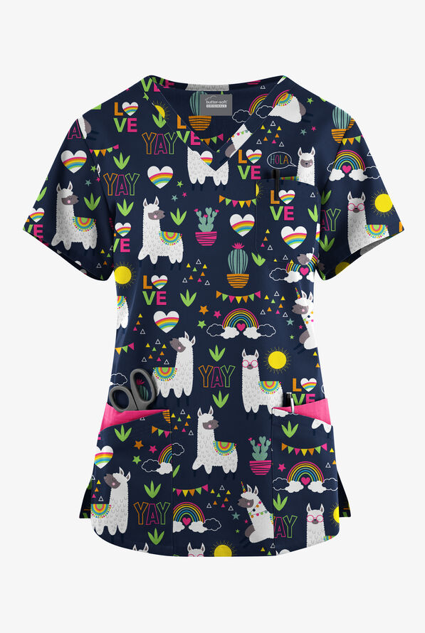 Butter-Soft Llama Love Navy Women's 7-Pocket Rounded V-Neck Print Scrub ...