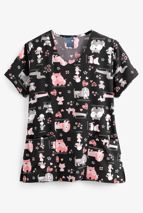 Zoe & Chloe Woof Pack V-Neck Print Scrub Top, Veterinary Scrubs