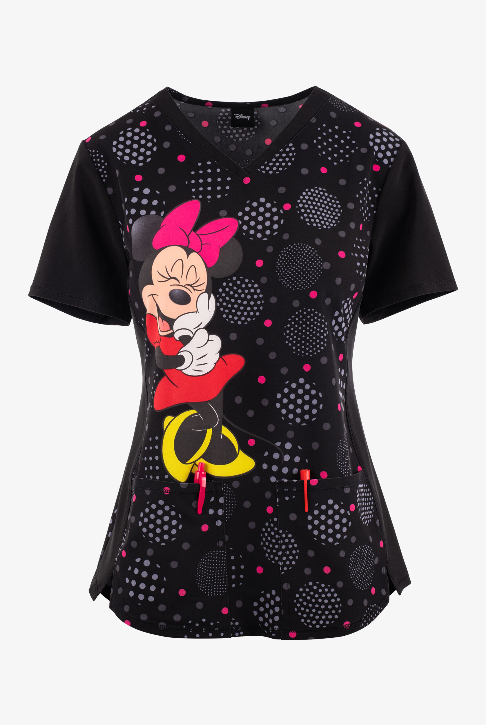 Tooniforms Minnie Spotlight Women's Print Scrub Top, Cartoon Scrubs