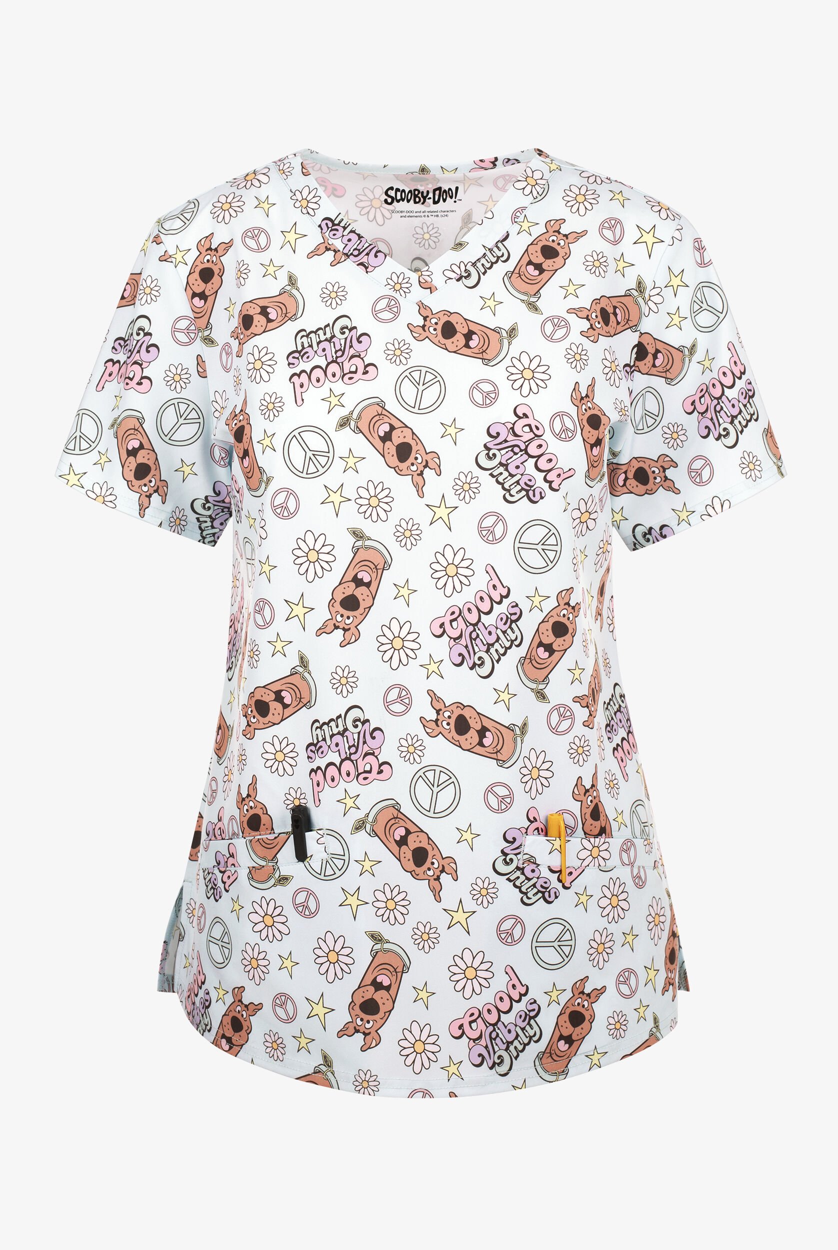 FUNSCRUBS Scooby Doo Vibes Women's 2-Pocket STRETCH V-Neck Print Scrub ...