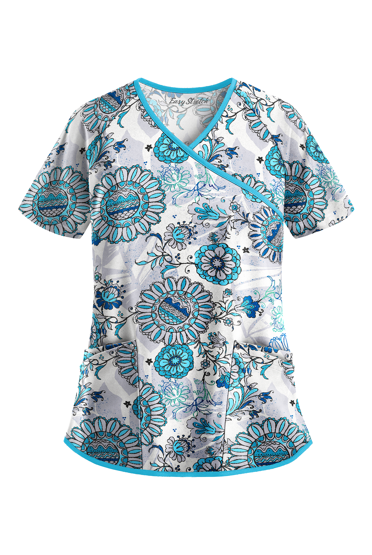 Easy STRETCH Neon Floral Silver Scrub Top, Floral Scrubs