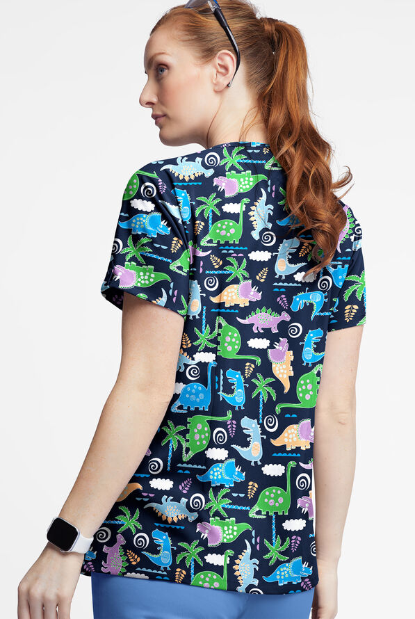 UA Happy Scrubs STRETCH Stompin' Dino Turquoise Women's 5-Pocket V-Neck ...