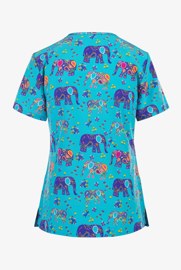 Green Town Boho Elephants Mock Wrap Print Scrub Top, Animal Scrubs