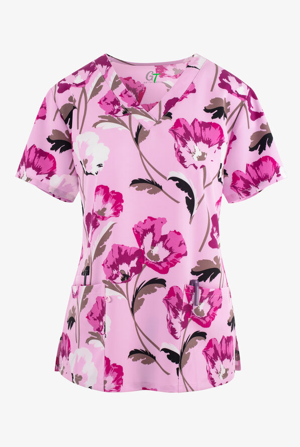 Green Town Field Flowers Women's 3-Pocket STRETCH V-Neck Print Scrub ...