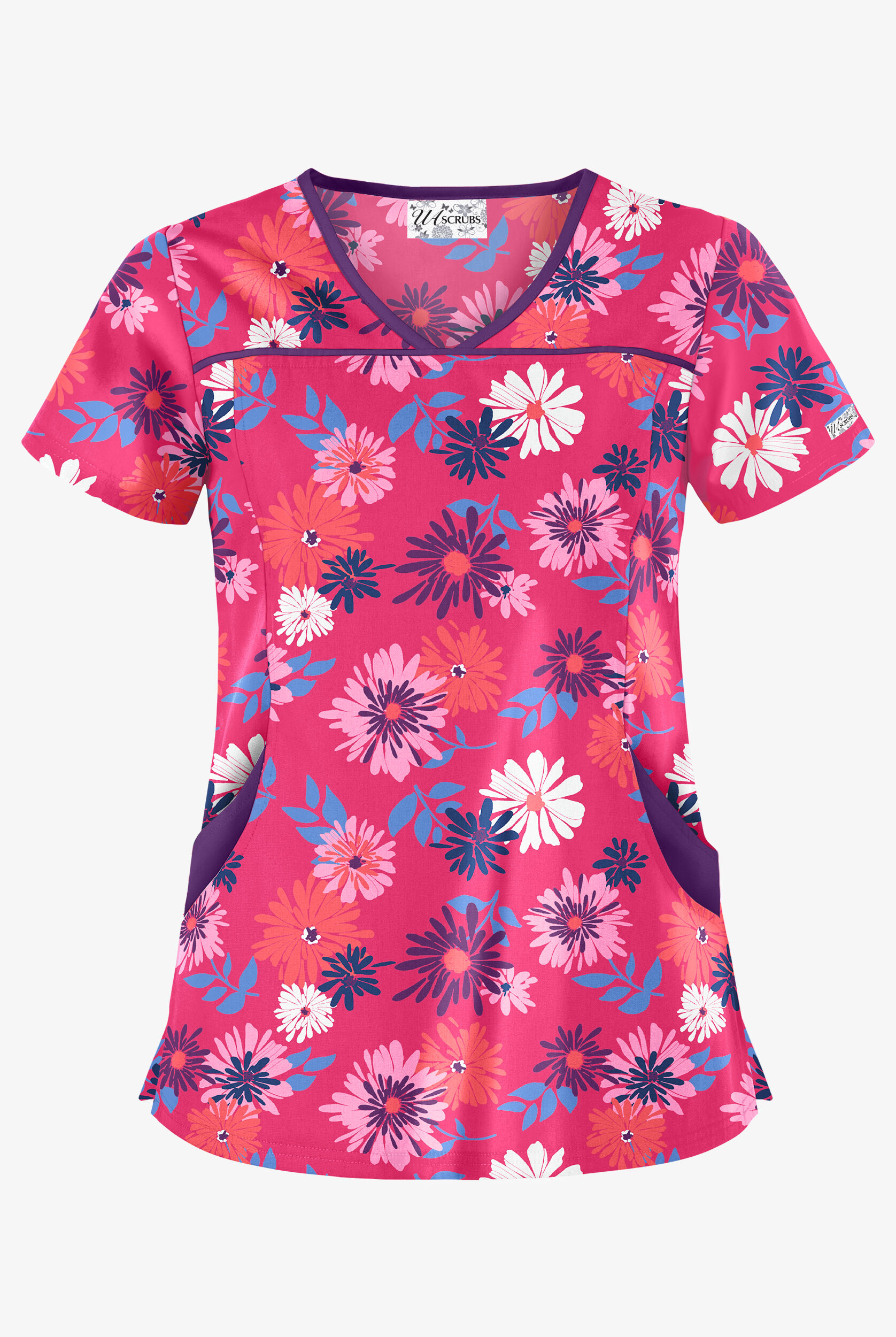 UA Floral Beauty Fuchsia 4-Pocket Princess Seam Top, Floral Scrubs