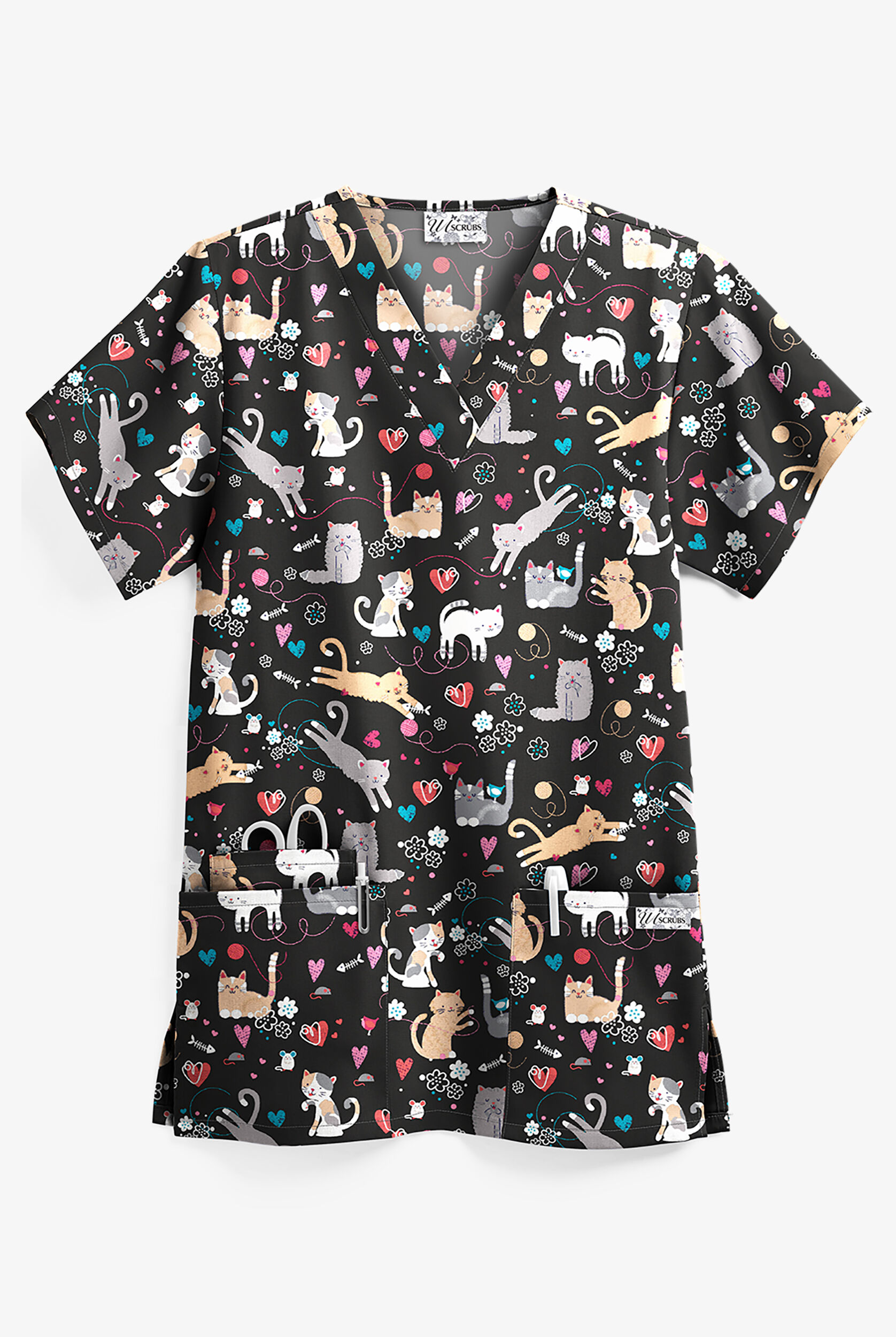 UA Purfect Kitties Black V-Neck Scrub Top, Animal Scrubs