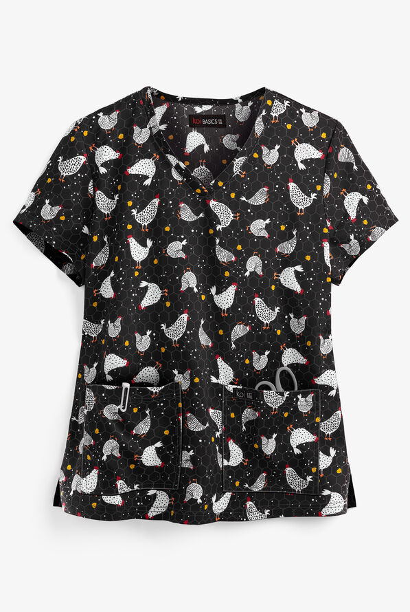 Koi Basics Chicken Scratch V-Neck Print Scrub Top, Print Scrubs