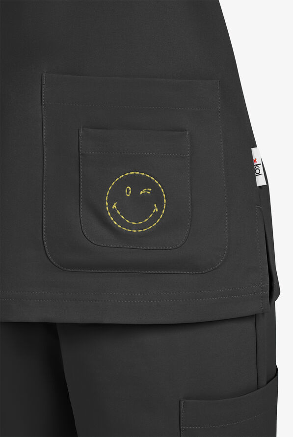 koi Smiley World Blissful Women's 3-Pocket Smiley Embroidered V-Neck ...
