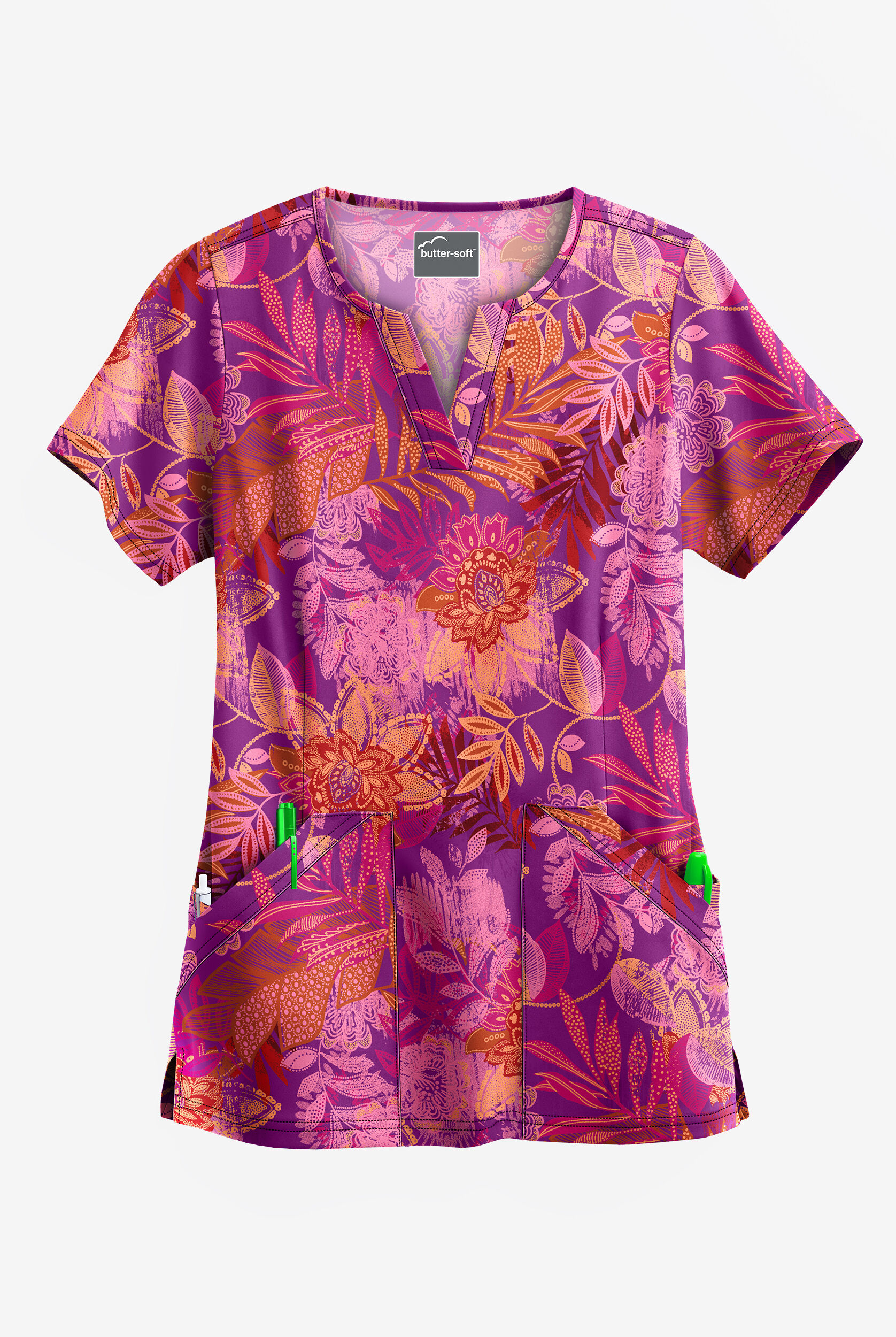 UA Tapestry Floral Berry Burst Notch-Neck Print Top, Floral Scrubs