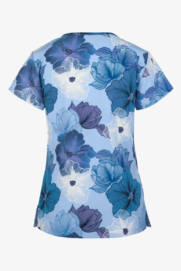 Green Town V-Neck Print Blue Lined Floral Scrub Top, Floral Scrubs