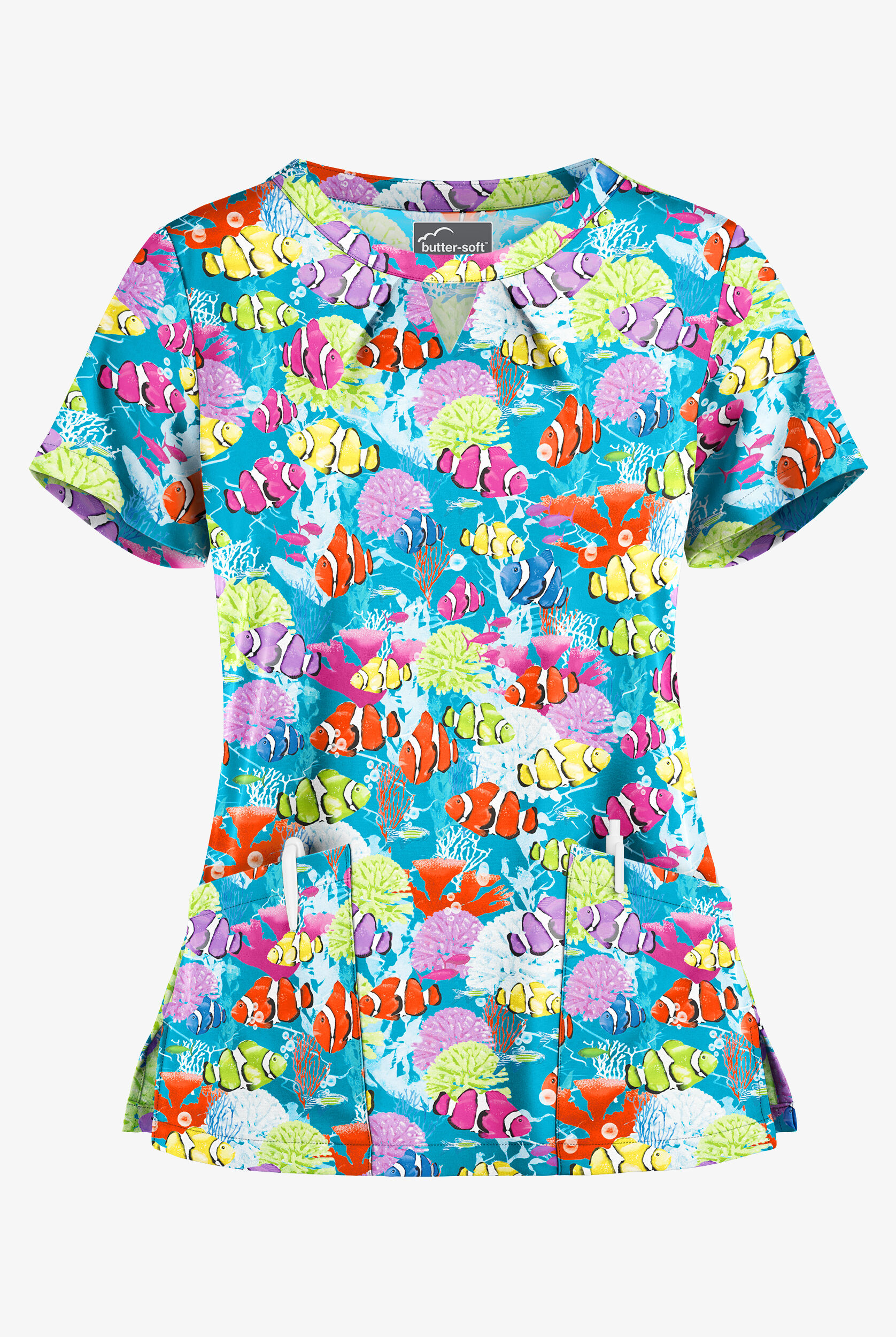 Butter-Soft Dazzeling Reef Turquoise Print Scrub Top, Print Scrubs