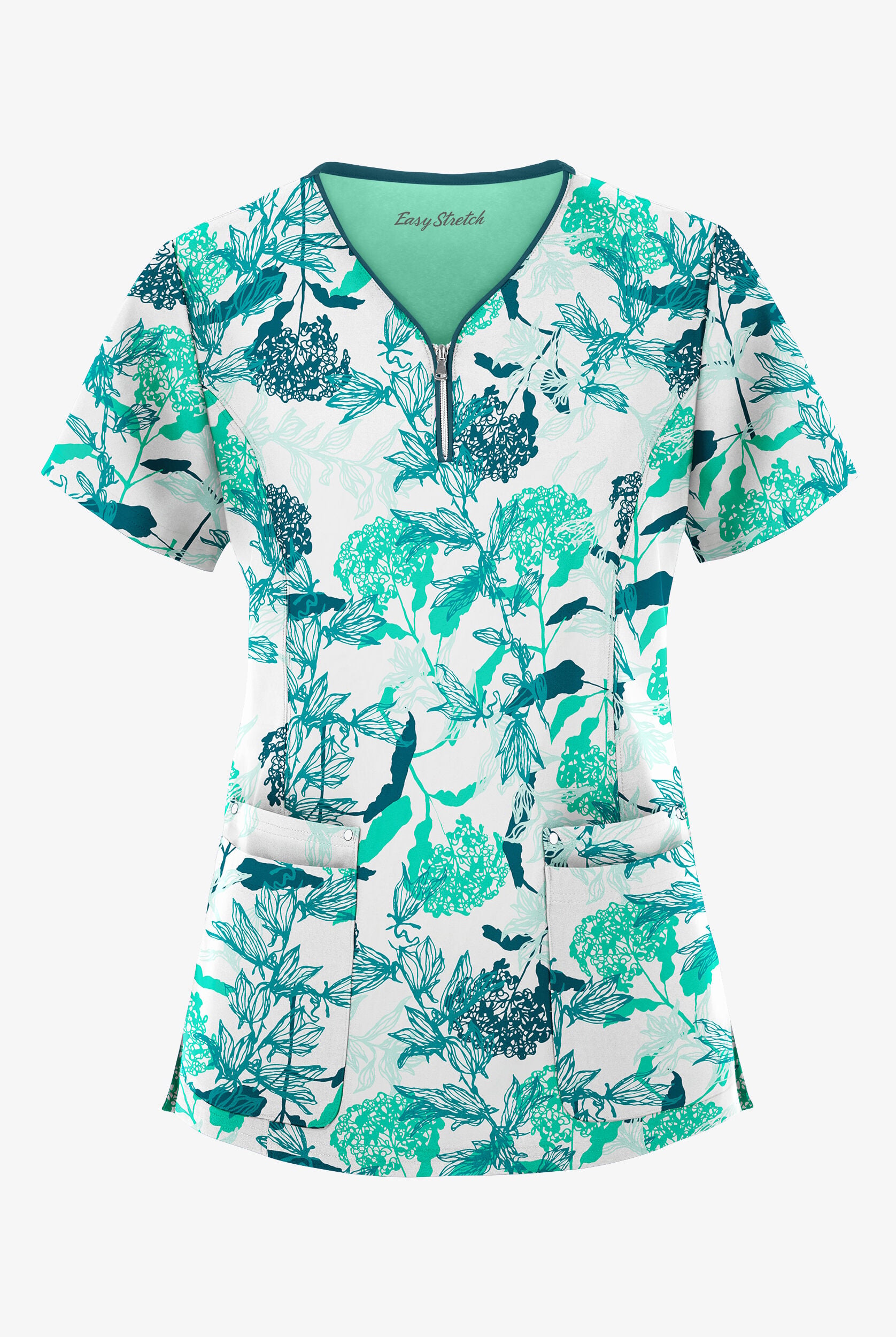 Easy STRETCH Spring Flora White Scrub Top, Print Scrub