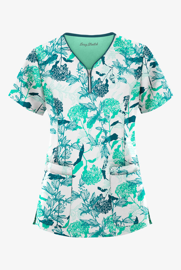 Easy STRETCH Spring Flora White Scrub Top, Print Scrub