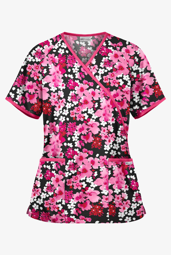 UA River Floral Black Printed Women's 2-Pocket Mock Wrap Scrub Top ...