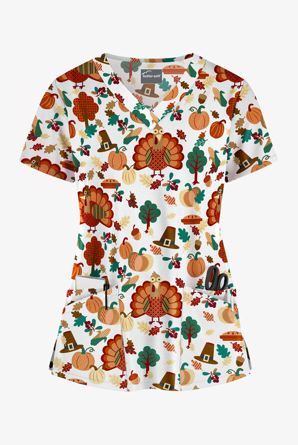 UA Butter-Soft Thanksgiving Time White Printed Women's 4-Pocket Rounded ...