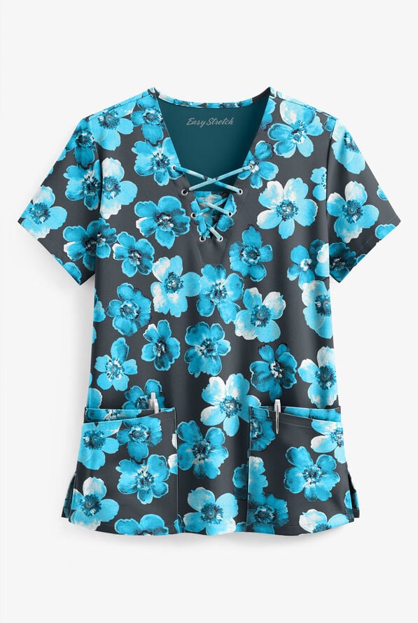 Easy STRETCH Blooming Petals Pewter Print Scrub Top, Stretch Scrubs