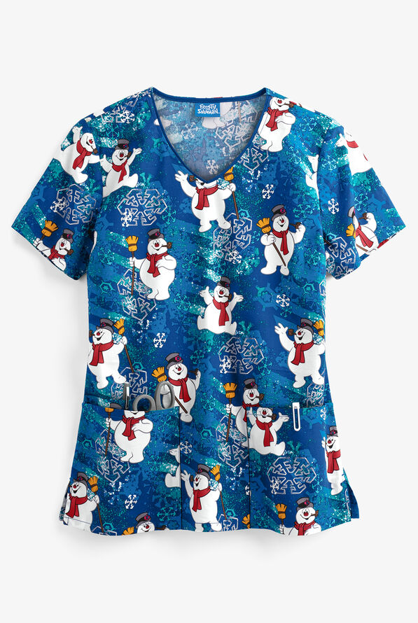 Cherokee Tooniforms Frosty the Snow Man Print Scrub Top, Print Scrubs