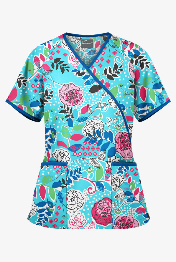 UA Butter-Soft Tokyo Garden Turquoise Women's 2-Pocket Mock Wrap Print ...