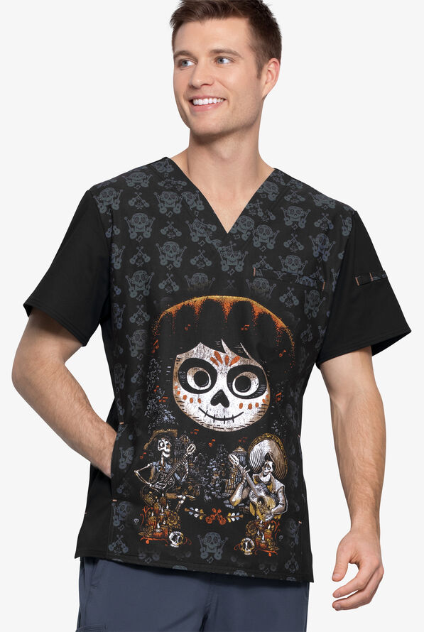 Cherokee Tooniforms Disney Coco Men's Print Top, Cartoon Scrubs