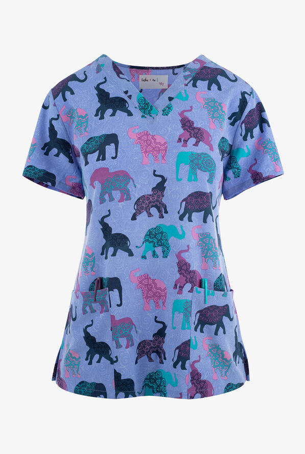 Tasha and Me Mandala Effect Lucky Elephant Women's 2-Pocket STRETCH V ...