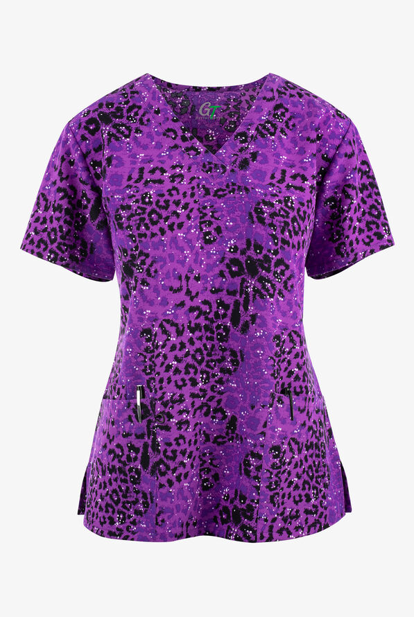 Green Town Spotted Animal Print Women's Scrub Top, Animal Print Scrub