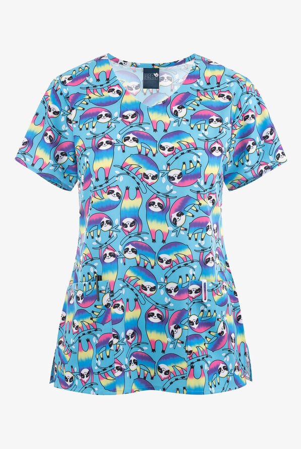 Zoe & Chloe Chillax Max Sloth Women's 2-Pocket STRETCH V-Neck Print ...