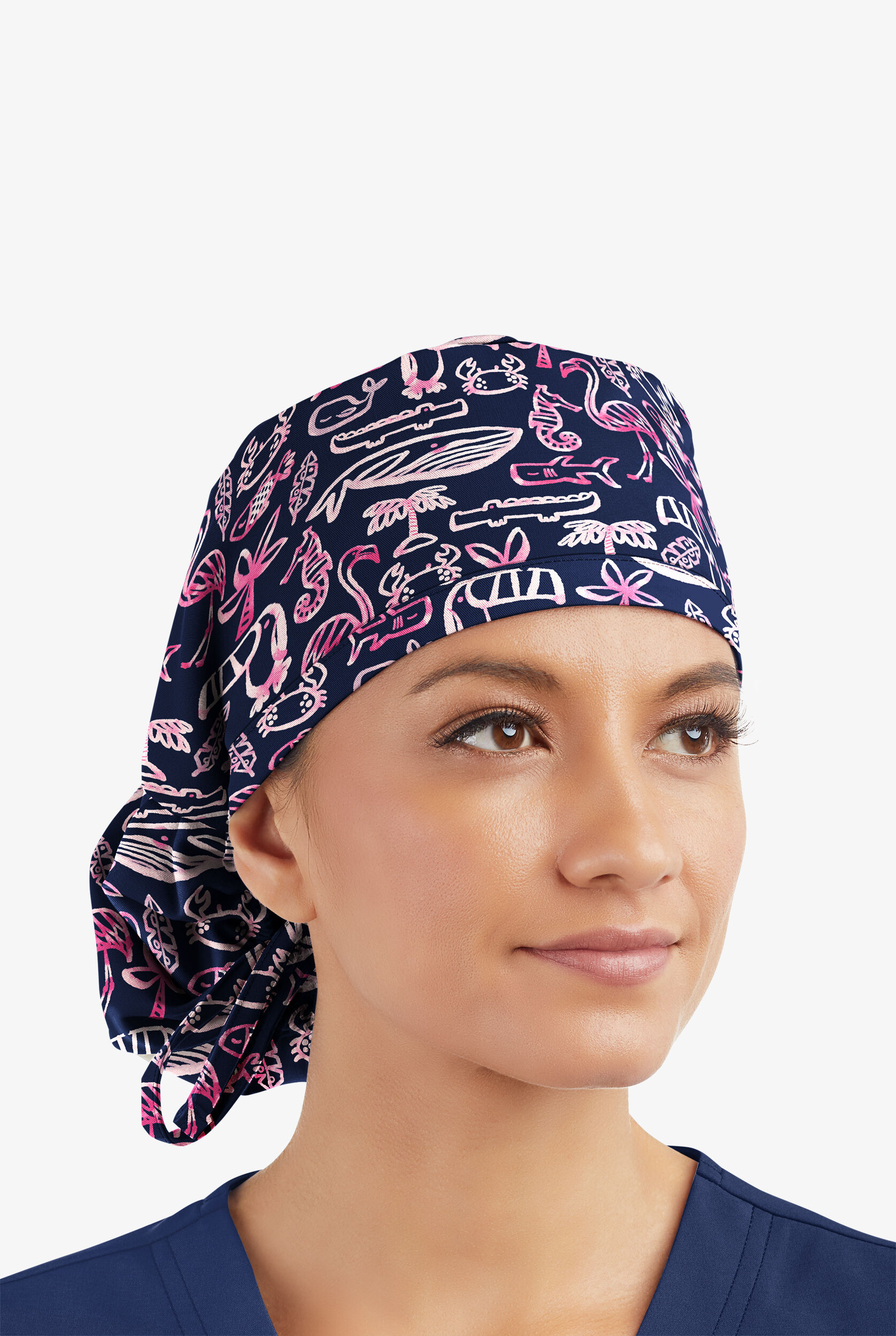 UA Tropical Oasis Navy Women's Surgical Print Scrub Hat, Nursing Hats