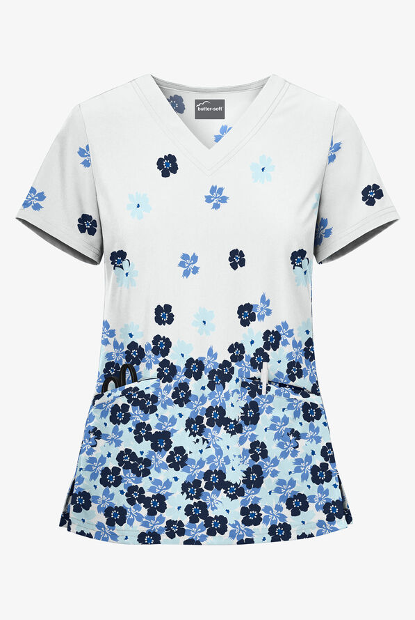 UA Butter-Soft Botanical Cascade White V-Neck Scrub Top, Print Scrubs