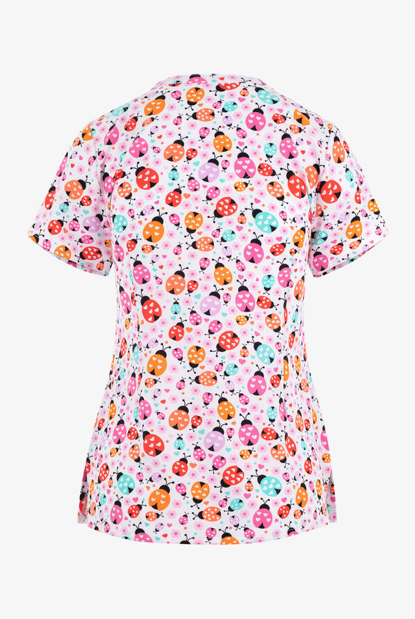 Maevn Ladybug Dance Women's 3-Pocket V-Neck Print Scrub Top, Stretch Prints