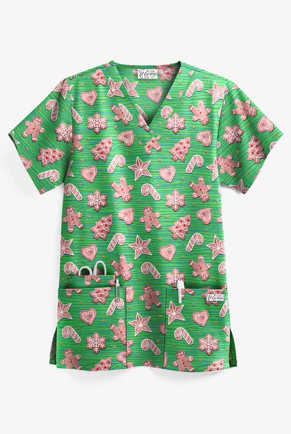 UA Gingerbread Cookies Gecko V-Neck Print Scrub Top, Holiday Scrubs