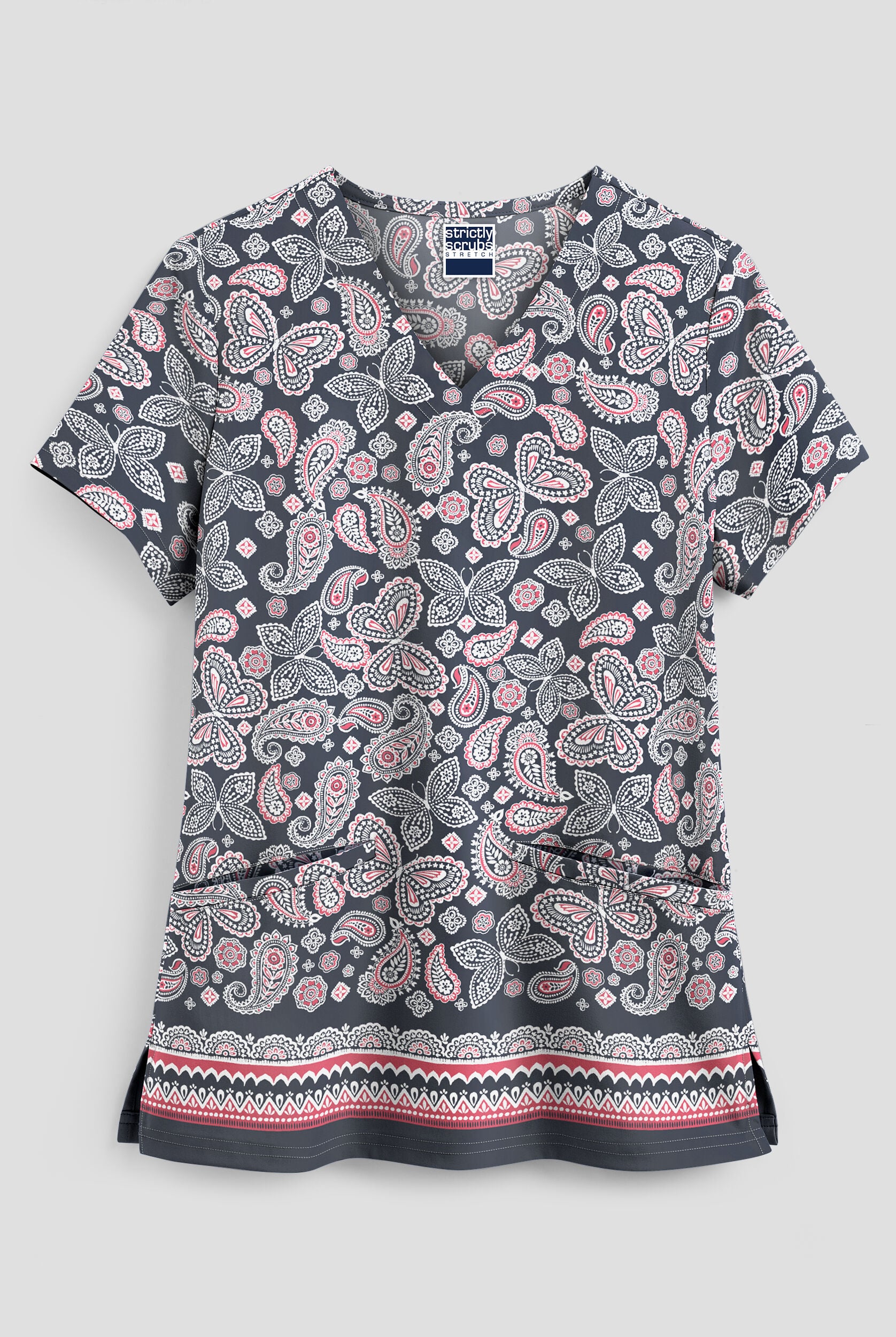 Butter-Soft Garden Paisley Pewter Print Scrub Top, ButterFly Scrubs