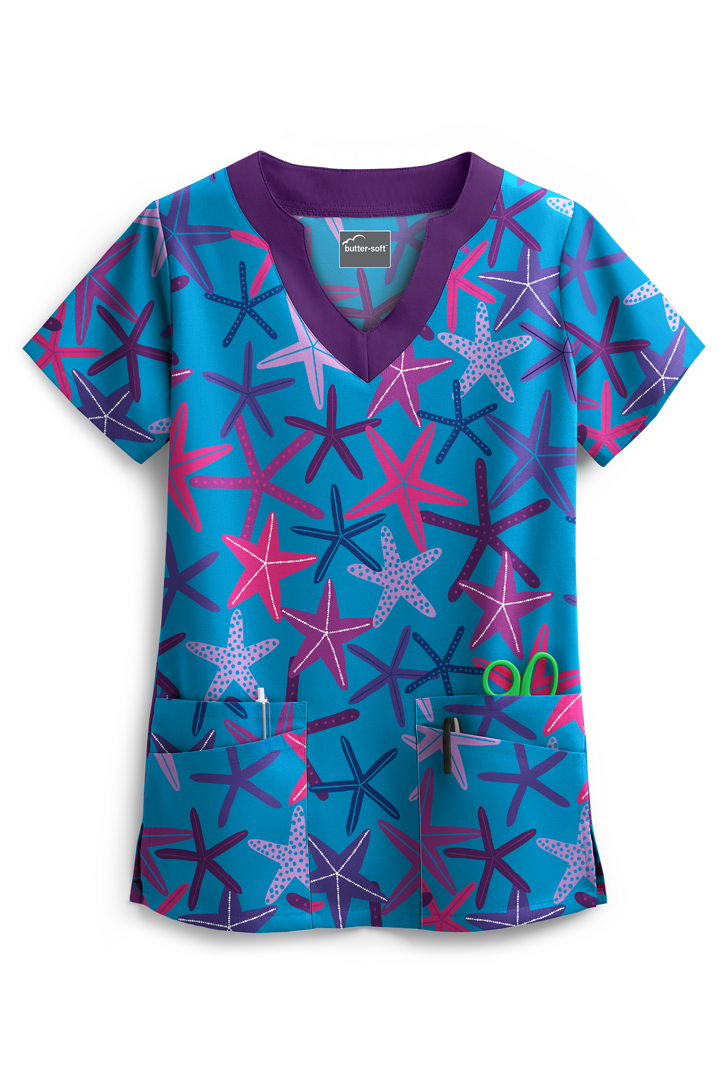 Butter-Soft Lucky Star Riviera Blue Print Scrub Top, Fashion Scrubs