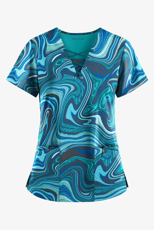 Easy STRETCH Marble Art Teal Women's 4-Pocket V-Neck Print Scrub Top ...